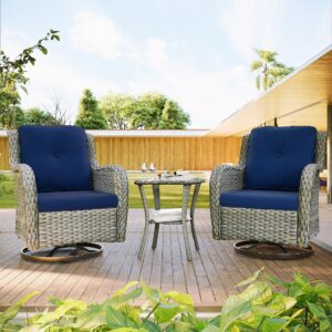 Joyside Outdoor Swivel Rocker Patio Chairs Set of 2 and Matching Side Table - 3 Piece Wicker Patio Bistro Set with Premium & Soft Fabric Cushions(Mixed Grey/Blue)