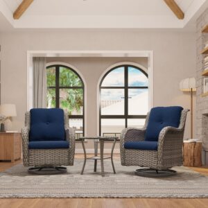 Joyside Outdoor Swivel Rocker Patio Chairs Set of 2 and Matching Side Table - 3 Piece Wicker Patio Bistro Set with Premium & Soft Fabric Cushions(Mixed Grey/Blue)