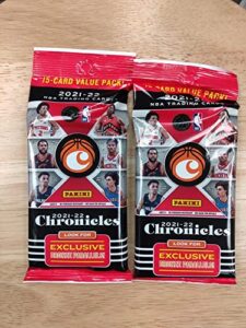 2021-22 panini chronicles nba basketball two factory sealed cello fat packs (30 cards in all, 15 cards per pack. look for exclusive bronze parallels chase autographs and rare parallel rated rookie cards of cade cunningham, josh giddey, scottie barnes, jal