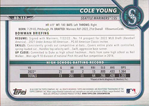 2022 Bowman Draft #BD-112 Cole Young NM-MT Mariners