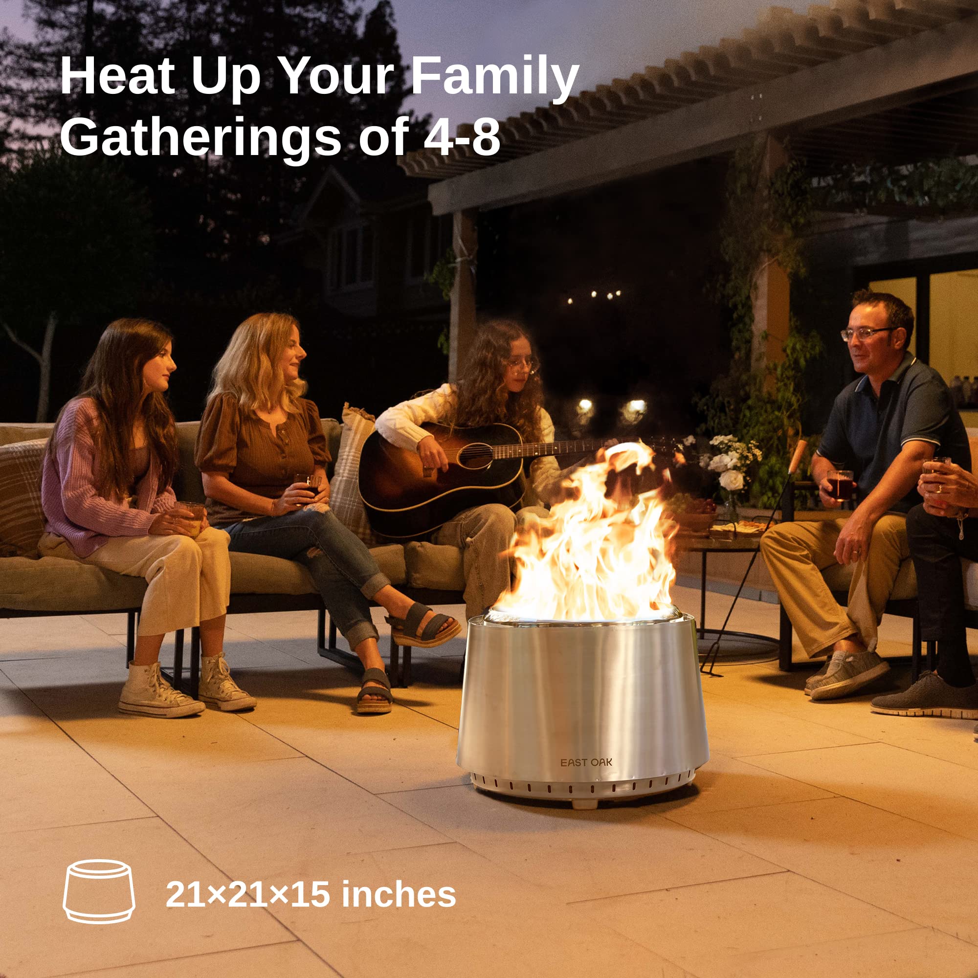 EAST OAK 21in Smokeless Fire Pit + Lid for Outdoor Patio Gatherings