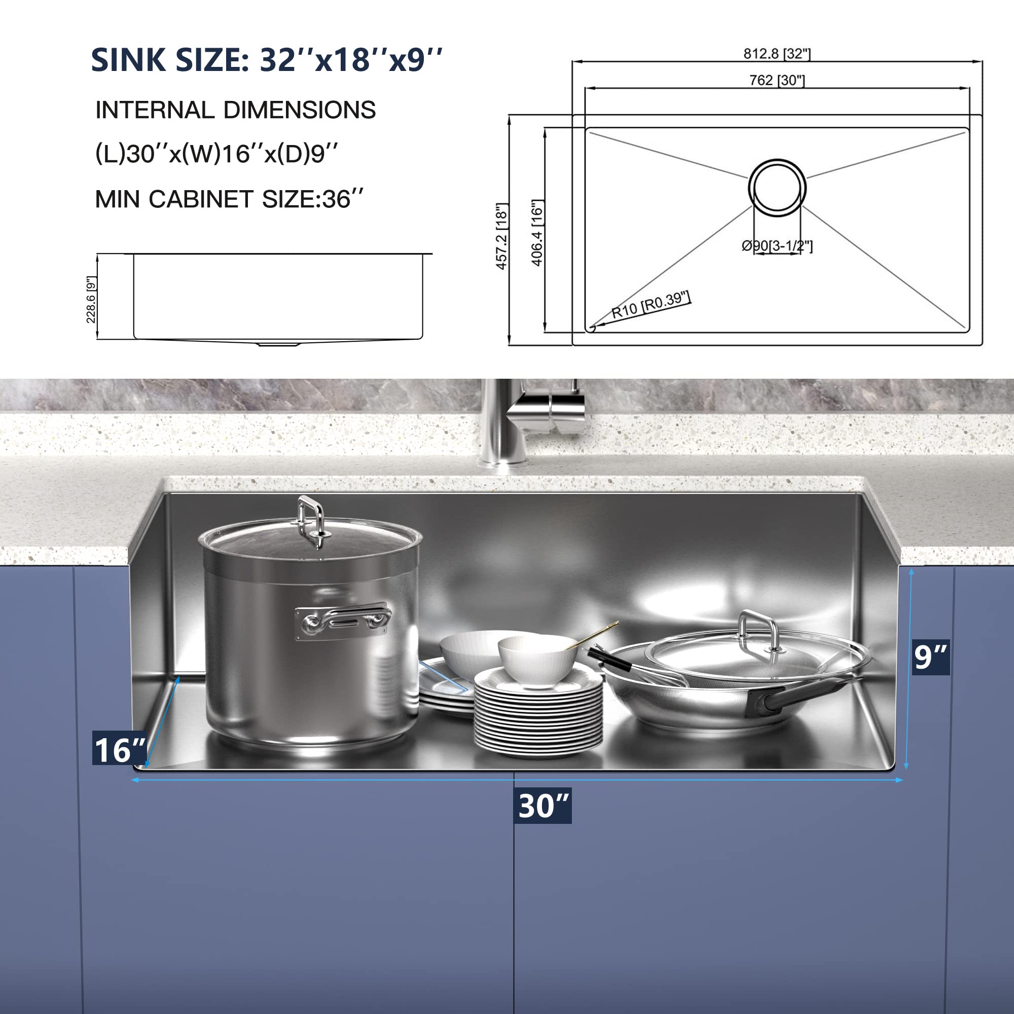 KitchenMan Kitchen Sink 32 inch Undermount Stainless Steel Kitchen Sink 16 Gauge Single Bowl Kitchen Sink, Fits 36" Cabinet