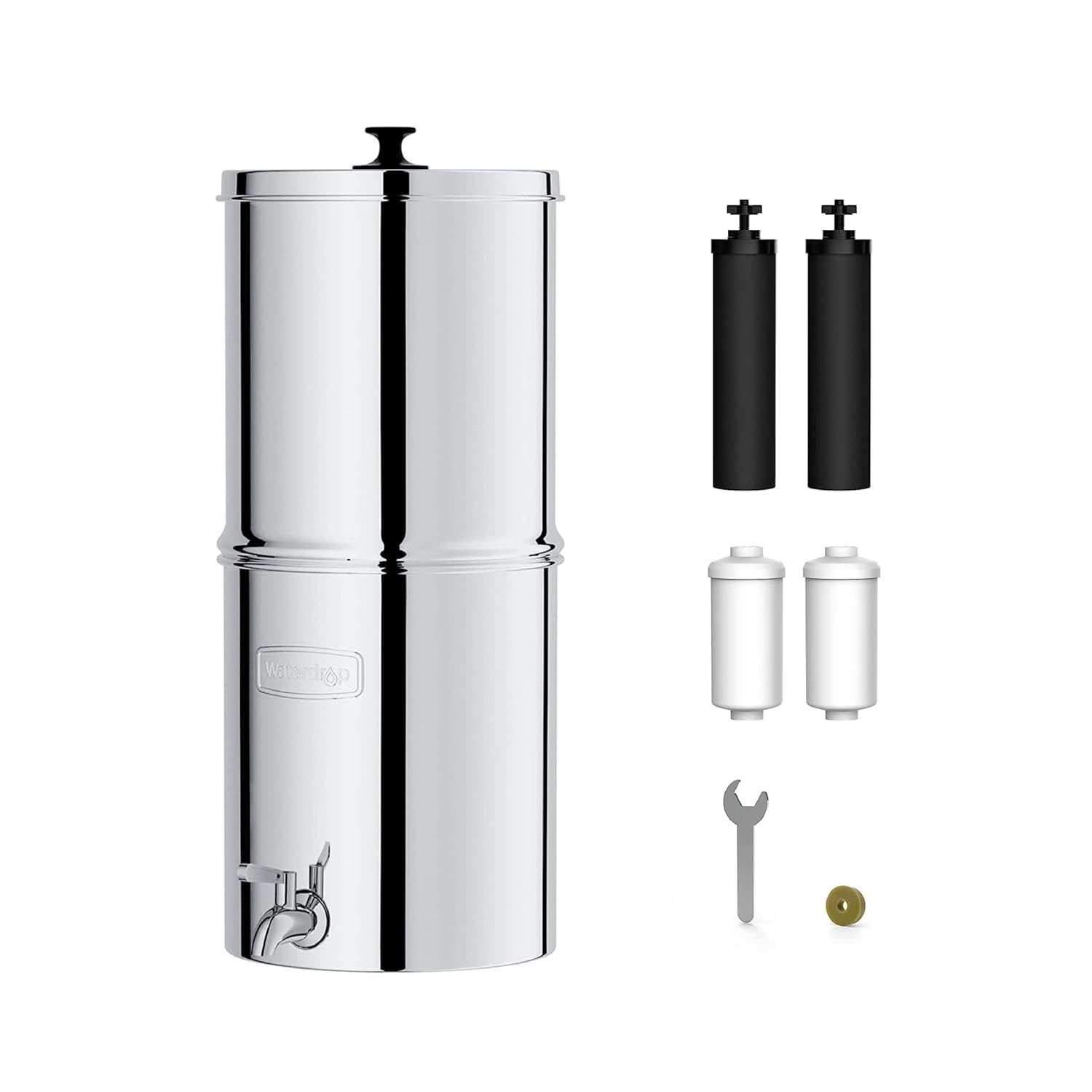 Waterdrop Gravity-fed Water Filter System with Black Carbon Filter and Fluoride Filter, 2.25-Gallon Stainless-Steel Filter System, Reduces up to 99% of Chlorine & Bad Taste-King Tank Series