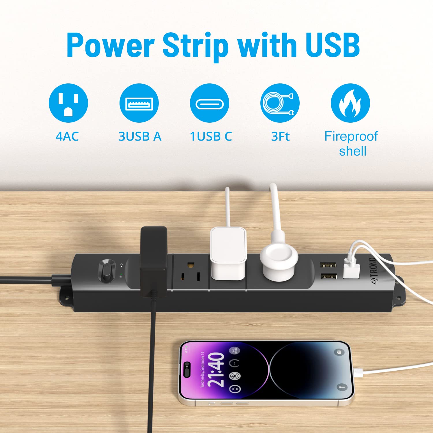 TROND Surge Protector Power Strip with USB & Flat Plug Power Strip - TROND Ultra Thin Extension Cord with 2 USB-A and 1 USB-C Port, 5FT Flat Wall Plug with 3 AC Outlet, No Surge Protector for Cruise