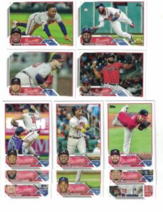 atlanta braves / 2023 topps (series 1 and 2) baseball team set with (19) cards! plus 2022 topps braves baseball team set (series 1 and 2) with (24) cards. ***plus bonus cards of former braves greats: david justice, andruw jones and tom glavine!***