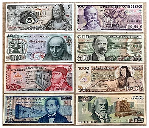 1985 M OUT-OF-PRINT MEXICO CURRENCY COLLECTION 1970's-80's (8 DIFERENT!!) NO CASH VALUE! NOT CASH EQUIVALENT! 5, 10, 20, 50, 100, 500, 1000, 2000 Pesos Seller Uncirculated