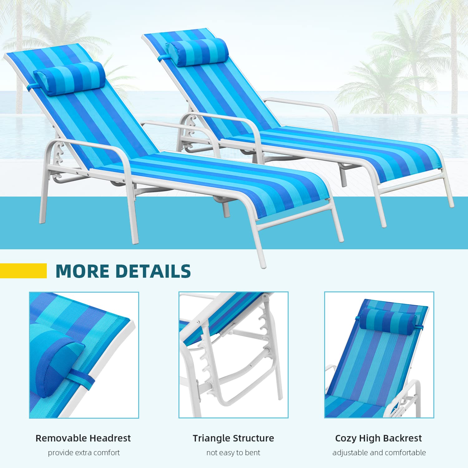 EROMMY Patio Chaise Lounges, Set of 2 Outdoor Lounge Chairs with Adjustable Backrest, All-Weather Textiline Recliner Chairs, for Patio Beach Yard Pool,Blue