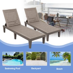 VINGLI Outdoor Chaise Lounge Set of 2, Wood Texture Design with 5-Level Adjustable Backrest, Waterproof Durable Folding Chair, PP Material Patio Chair for Beach, Backyard, Pool, Gray-Brown …