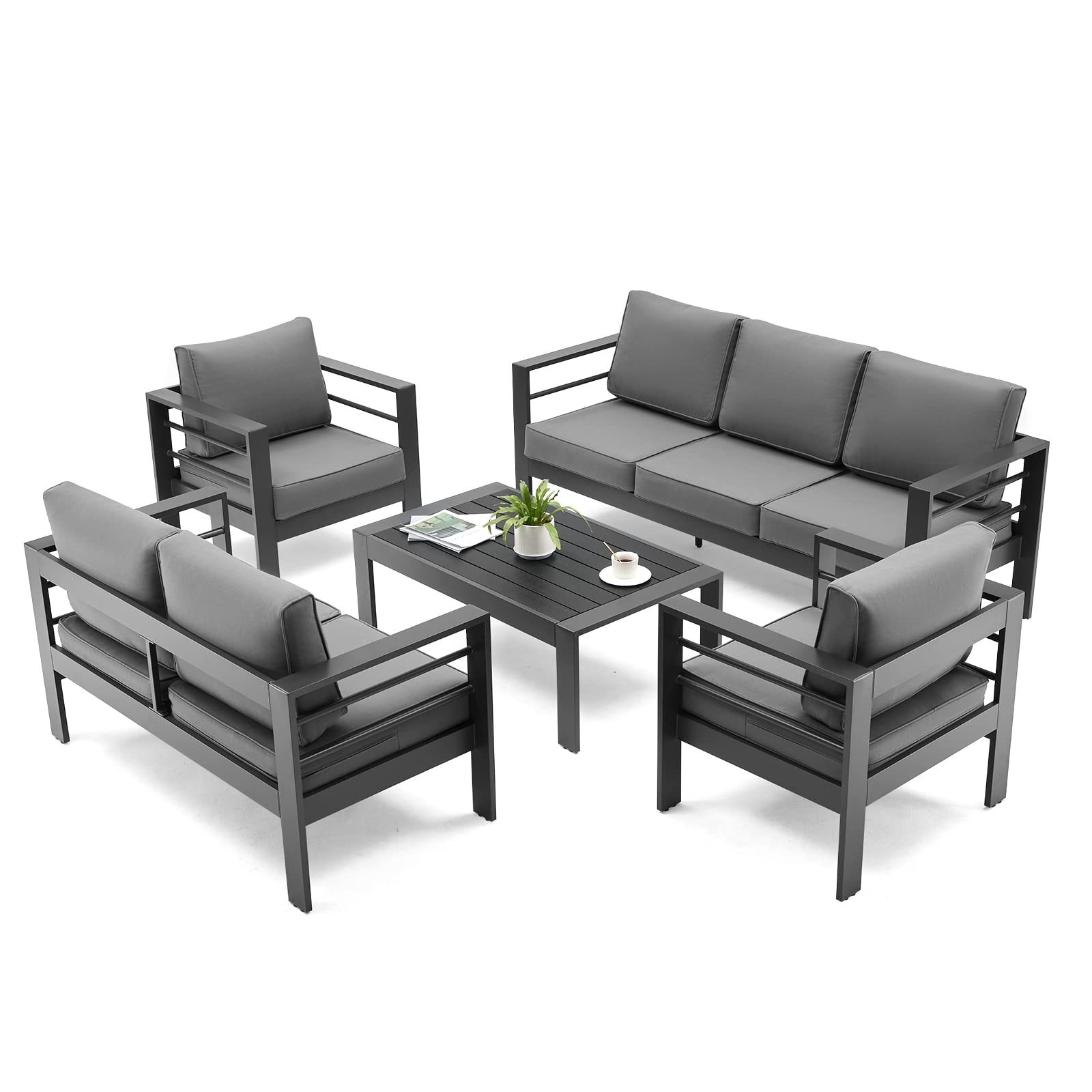 UDPATIO Oversized Aluminum Patio Furniture Set, Modern Metal Outdoor Patio Conversation Sets, Patio Sectional Sofa Set w/ 5 Inch Cushion Coffee Table for Poolside, Deck (Include 4 Sofa Covers)