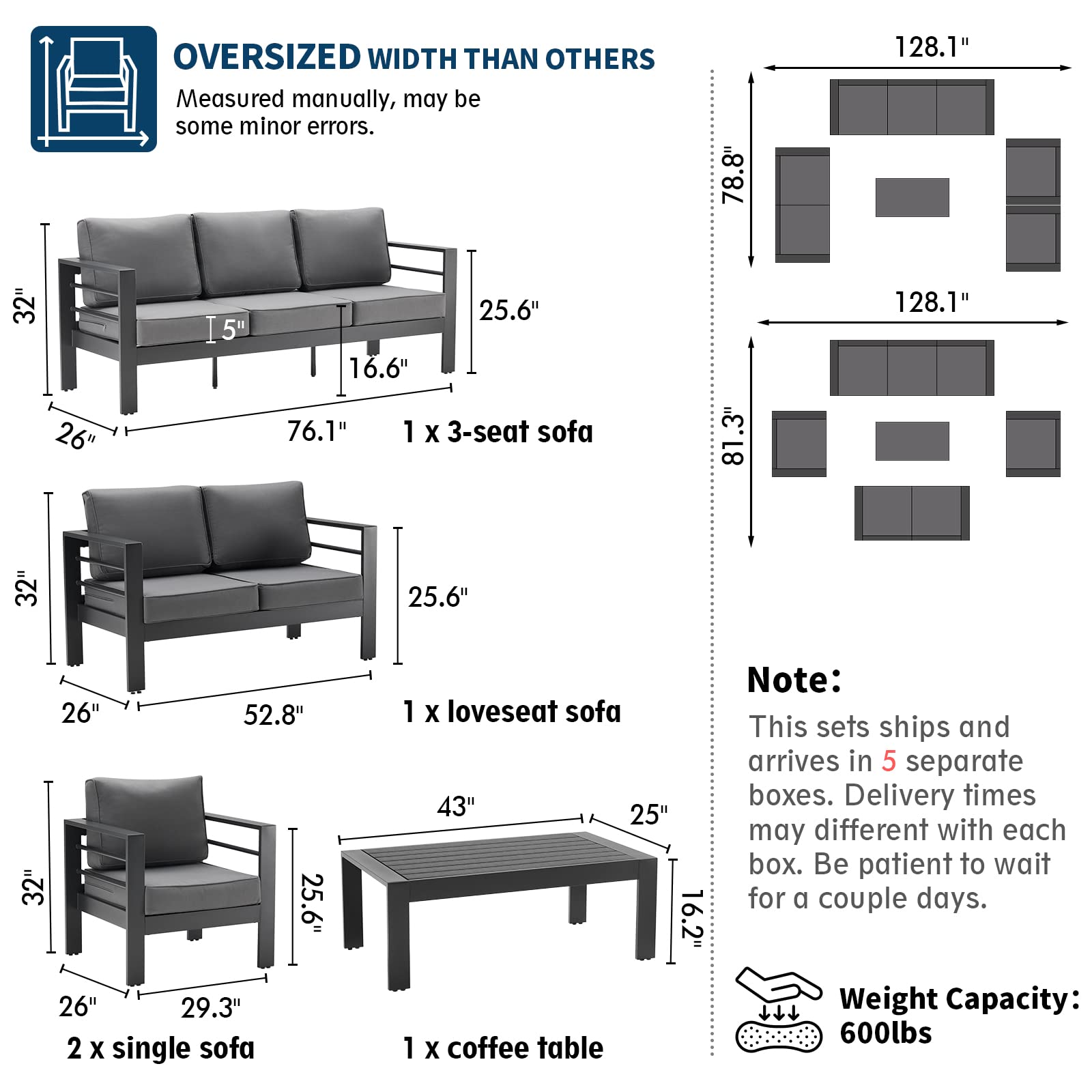 UDPATIO Oversized Aluminum Patio Furniture Set, Modern Metal Outdoor Patio Conversation Sets, Patio Sectional Sofa Set w/ 5 Inch Cushion Coffee Table for Poolside, Deck (Include 4 Sofa Covers)