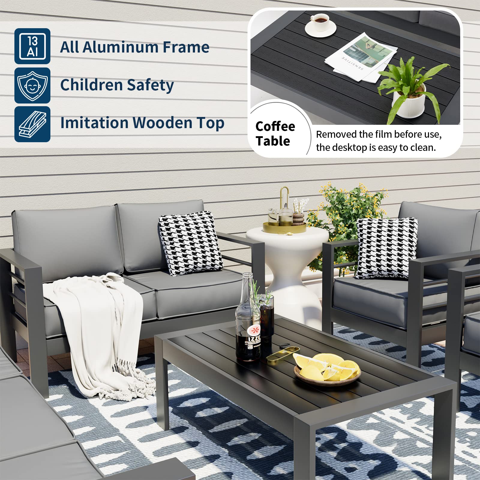 UDPATIO Oversized Aluminum Patio Furniture Set, Modern Metal Outdoor Patio Conversation Sets, Patio Sectional Sofa Set w/ 5 Inch Cushion Coffee Table for Poolside, Deck (Include 4 Sofa Covers)