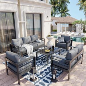 UDPATIO Oversized Aluminum Patio Furniture Set, Modern Metal Outdoor Patio Conversation Sets, Patio Sectional Sofa Set w/ 5 Inch Cushion Coffee Table for Poolside, Deck (Include 4 Sofa Covers)