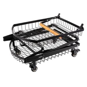 Folding Collapsible Cart, 2-Tier Mobile Folding Utility Trolley with Handle and Wheels,Heavy Duty Foldable Shopping Carts with Storage Basket for Groceries,Black Grocery Cart on Wheels,Load 88lbs