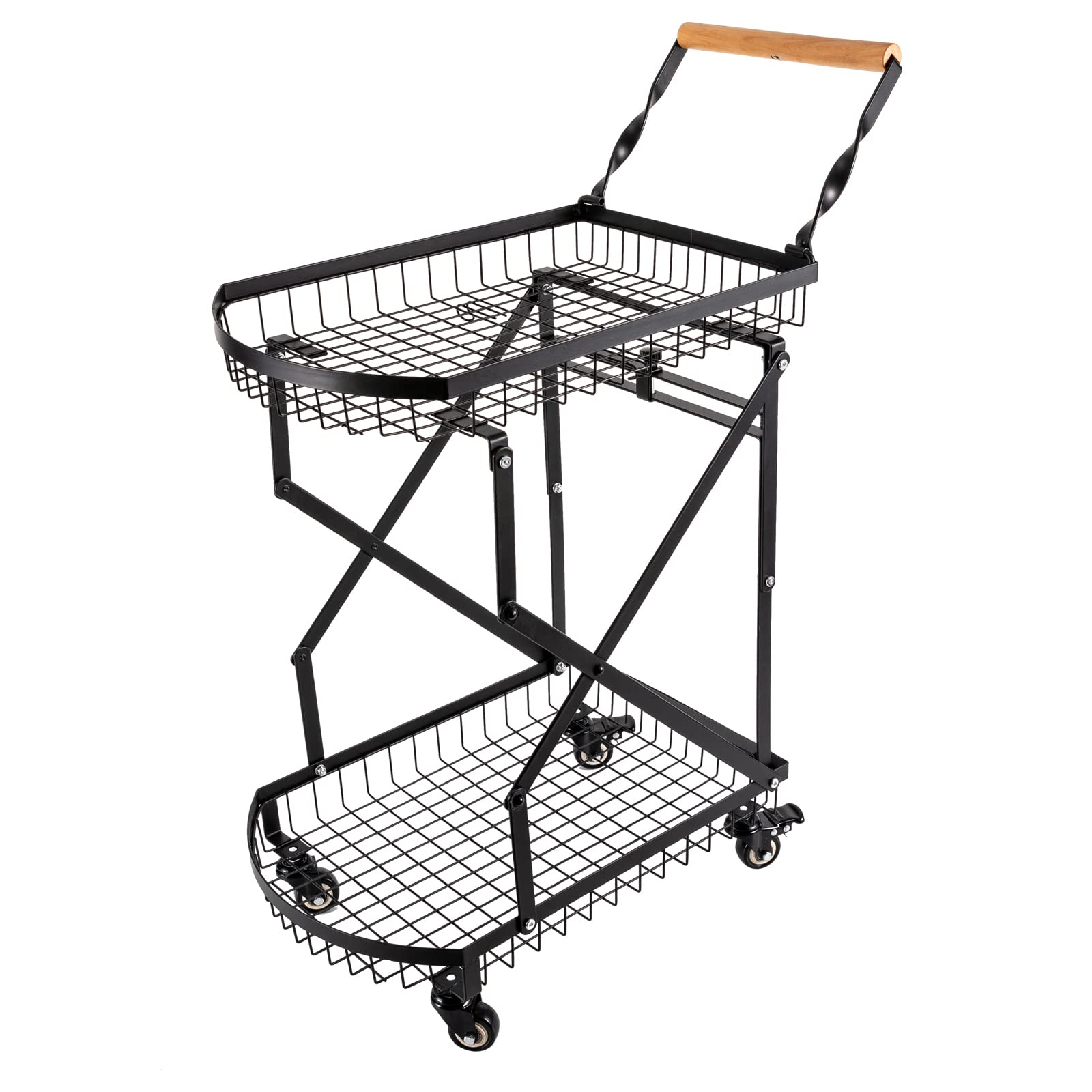 Folding Collapsible Cart, 2-Tier Mobile Folding Utility Trolley with Handle and Wheels,Heavy Duty Foldable Shopping Carts with Storage Basket for Groceries,Black Grocery Cart on Wheels,Load 88lbs