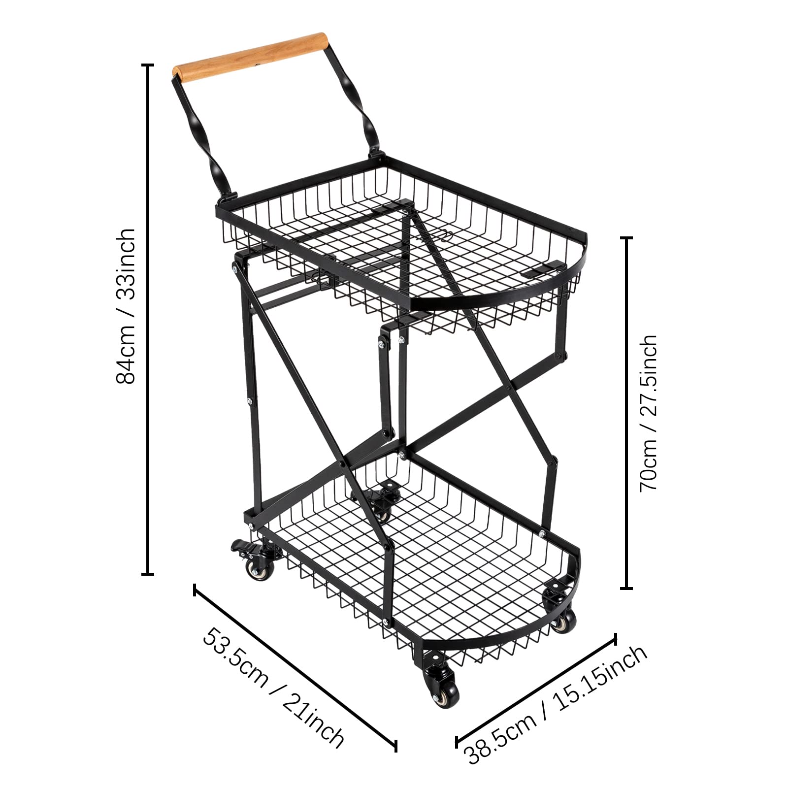 Folding Collapsible Cart, 2-Tier Mobile Folding Utility Trolley with Handle and Wheels,Heavy Duty Foldable Shopping Carts with Storage Basket for Groceries,Black Grocery Cart on Wheels,Load 88lbs