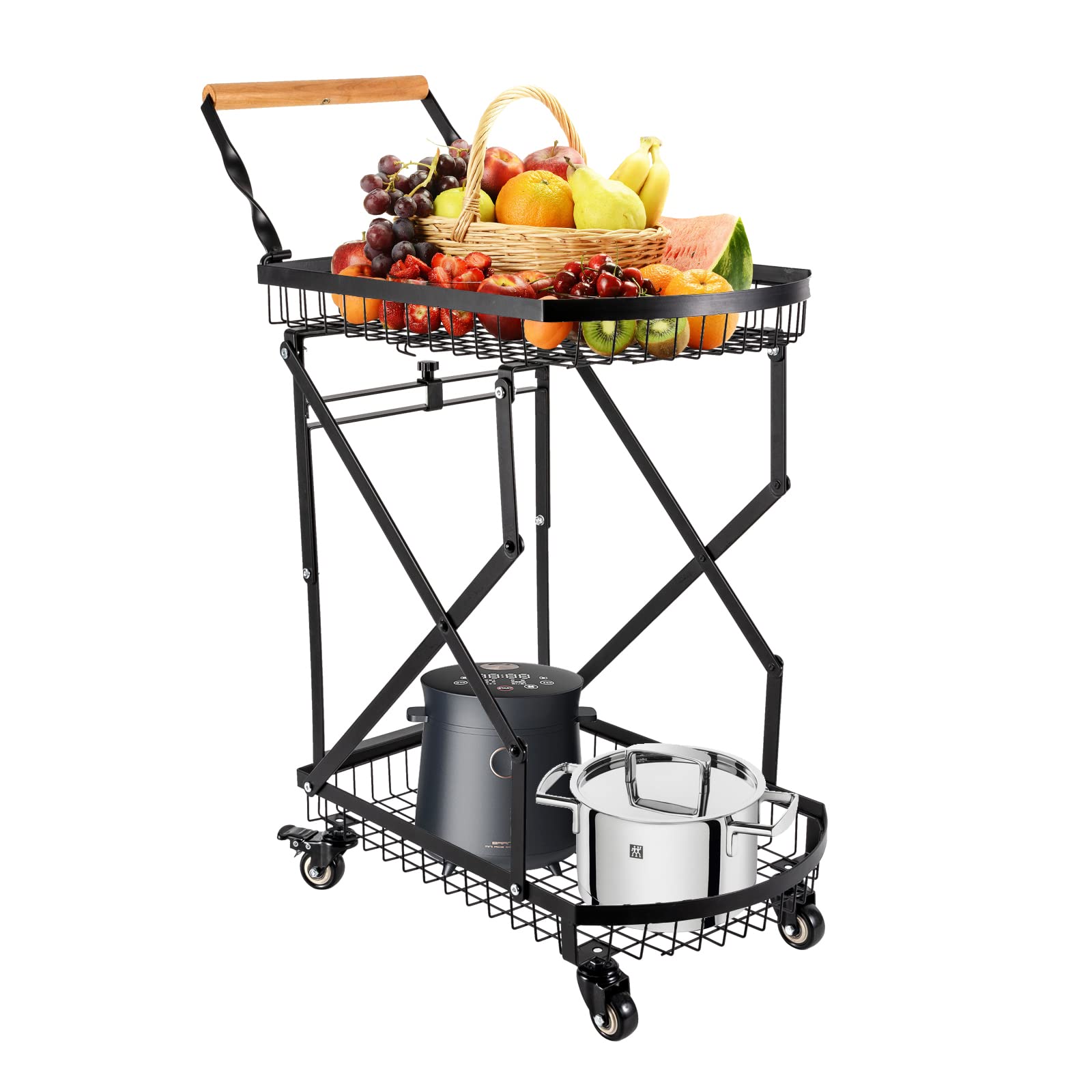 Folding Collapsible Cart, 2-Tier Mobile Folding Utility Trolley with Handle and Wheels,Heavy Duty Foldable Shopping Carts with Storage Basket for Groceries,Black Grocery Cart on Wheels,Load 88lbs