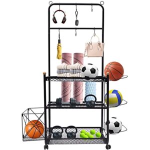 ball storage,garage sports equipment organizer,garage storage system,ball storage rack,garage ball storage,sport gear storage,garage organizer with basket and hooks,rolling sports ball storage cart