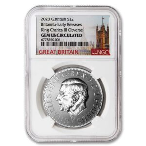 2023 1 oz British Silver Britannia Coin (King Charles III) by the Royal Mint Gem Uncirculated (Early Releases - Great Britain Label) 2£ GEMUNC NGC