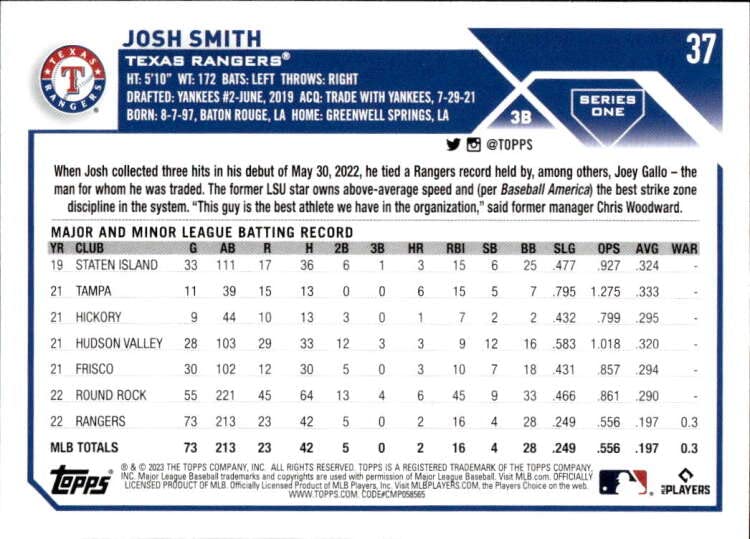 2023 TOPPS #37 JOSH SMITH RC TEXAS RANGERS BASEBALL OFFICIAL TRADING CARD OF THE MLB