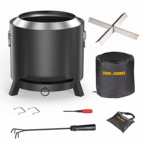 Rock&Rocker 19“ Smokeless Fire Pit, Firepits for Outside Wood Burning, 304 Stainless Steel, Outdoor Bonfire, with Removable Ash Pan & Waterproof Cover Bag, for Camping, Backyard, BBQ