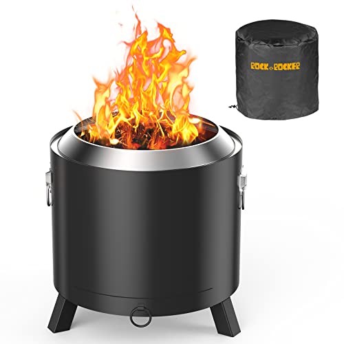 Rock&Rocker 19“ Smokeless Fire Pit, Firepits for Outside Wood Burning, 304 Stainless Steel, Outdoor Bonfire, with Removable Ash Pan & Waterproof Cover Bag, for Camping, Backyard, BBQ