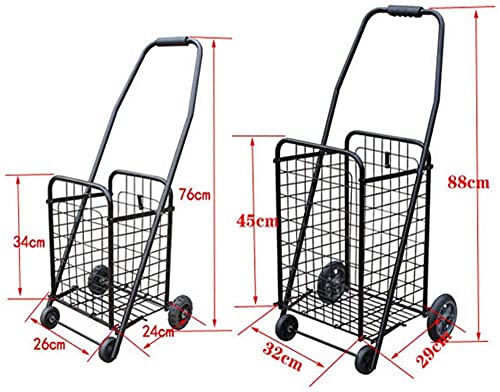 Shopping Trolley on Wheels Multi Function Shopping Cart Portable Folding Wrought Iron Trolley Luggage Trailer Special Spray Treatment Intimate Basket Buckle Storage Hand Trucks,Black,88Cm ,S