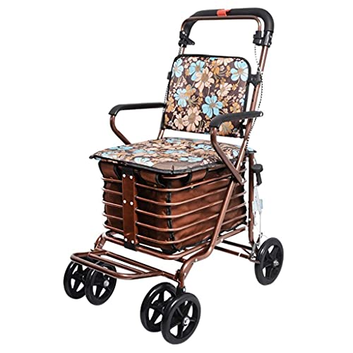 Shopping Trolley on Wheels Multi Function Shopping Cart The Elderly Cart Little Pull Car Elderly Wheelbarrow Can Push to Sit Foldable Walker Four Scooter Storage Hand Trucks,Gold Flower ,