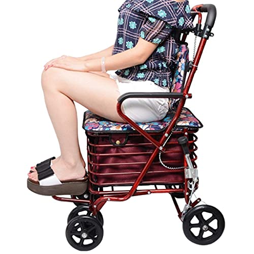 Shopping Trolley on Wheels Multi Function Shopping Cart The Elderly Cart Little Pull Car Elderly Wheelbarrow Can Push to Sit Foldable Walker Four Scooter Storage Hand Trucks,Gold Flower ,