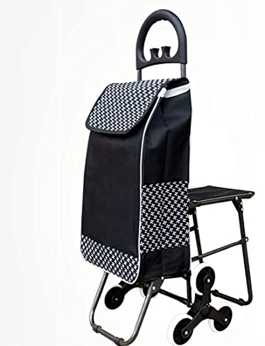 Shopping Trolley on Wheels Multi Function Shopping Cart Trolley Old Age Handcart Stair Climber with Hook Handle Seat Removable Waterproof Canvas Bag Storage Hand Trucks,Black,A ,Shopping Trol