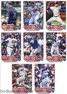 2023 topps series 1 chicago cubs team set of 11 cards: keegan thompson(#40), marcus stroman(#54), caleb kilian(#69), brandon hughes(#97), patrick wisdom(#120), kyle hendricks(#137), seiya suzuki(#183), chicago cubs(#220), ian happ(#232), frank schwindel(#