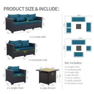 Patio Furniture Set 31-Inch Fire Pit 5-Piece Outdoor Furniture Sets Patio Couch Outdoor Chairs 50000 BTU Steel Propane Fire Pit Table with No-Slip Cushions and Waterproof Covers, Peacock Blue