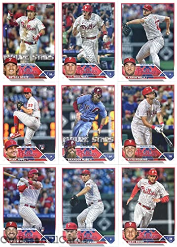 2023 Topps Series 1 Philadelphia Phillies Team Set of 13 Cards: Bryce Harper(#3), Corey Knebel(#28), Kyle Gibson(#96), Alec Bohm(#128), Noah Syndergaard(#145), Darick Hall(#209), Rhys Hoskins(#221), Brandon Marsh(#237), Rhys Hoskins(#248), Mark Appel(#259