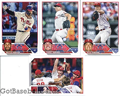 2023 Topps Series 1 Philadelphia Phillies Team Set of 13 Cards: Bryce Harper(#3), Corey Knebel(#28), Kyle Gibson(#96), Alec Bohm(#128), Noah Syndergaard(#145), Darick Hall(#209), Rhys Hoskins(#221), Brandon Marsh(#237), Rhys Hoskins(#248), Mark Appel(#259