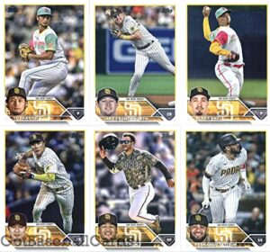 2023 topps series 1 san diego padres team set of 10 cards: juan soto(#1), brandon drury(#14), fernando tatis jr.(#23), trent grisham(#26), jorge alfaro(#46), ha-seong kim(#57), blake snell(#208), jake cronenworth(#224), yu darvish(#279), jorge alfaro(#303