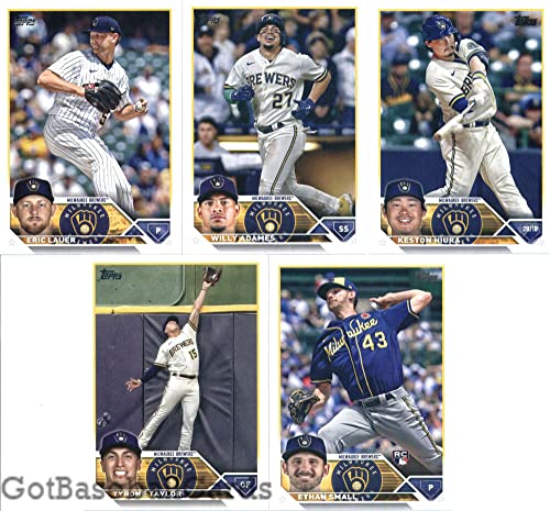 2023 Topps Series 1 Milwaukee Brewers Team Set of 11 Cards: Tyrone Taylor(#61), Ethan Small(#87), Keston Hiura(#104), Willy Adames(#106), Eric Lauer(#109), Christian Yelich(#192), Corbin Burnes(#225), Taylor Rogers(#233), Aaron Ashby(#281), Luis Urías(#32