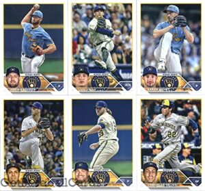 2023 topps series 1 milwaukee brewers team set of 11 cards: tyrone taylor(#61), ethan small(#87), keston hiura(#104), willy adames(#106), eric lauer(#109), christian yelich(#192), corbin burnes(#225), taylor rogers(#233), aaron ashby(#281), luis urías(#32