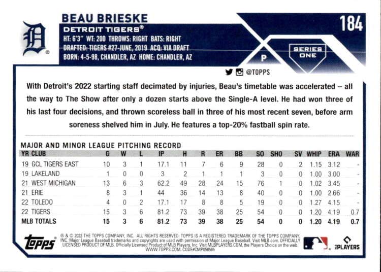 2023 TOPPS #184 BEAU BRIESKE DETROIT TIGERS BASEBALL OFFICIAL TRADING CARD OF THE MLB