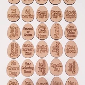 Easter Egg Tokens 30ct with Gift Bag, Personalized Tokens Available, Real Wood with 30 different engraved sayings, 6 designs, Natural Color, Easter Tokens for Kids, Activity Token (CUSTOM Token)