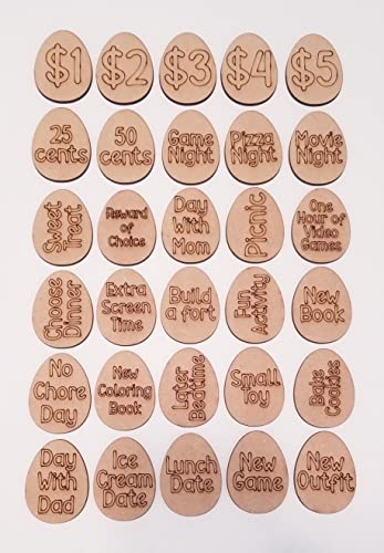 Easter Egg Tokens 30ct with Gift Bag, Personalized Tokens Available, Real Wood with 30 different engraved sayings, 6 designs, Natural Color, Easter Tokens for Kids, Activity Token (CUSTOM Token)