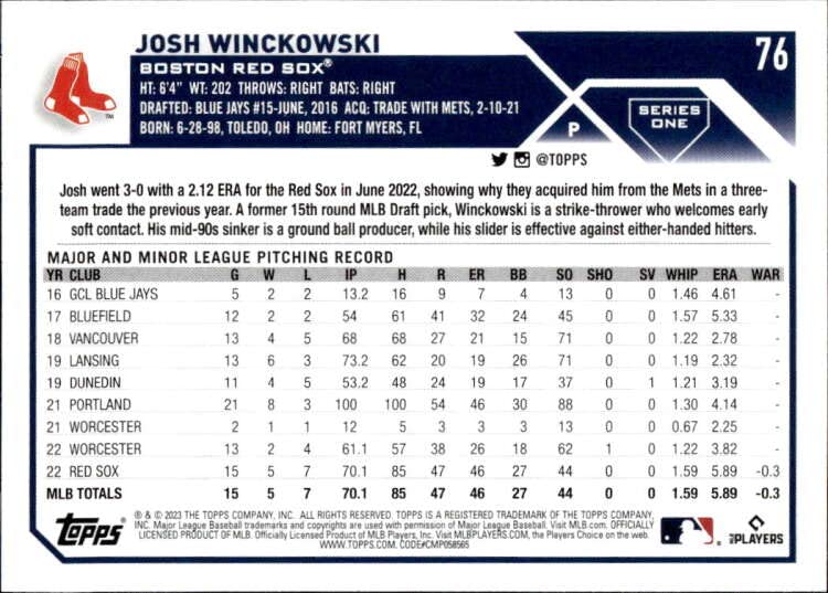 2023 Topps #76 Josh Winckowski Boston Red Sox (RC - Rookie Card) NM-MT MLB Baseball