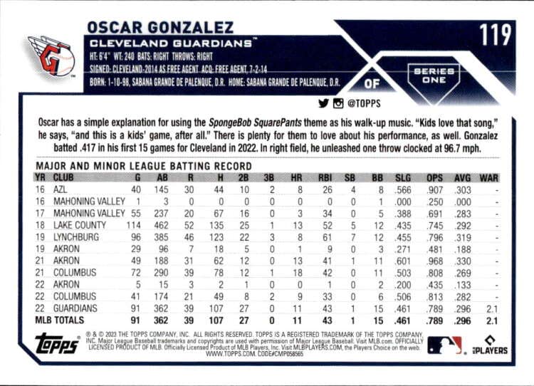 2023 TOPPS #119 OSCAR GONZALEZ RC CLEVELAND GUARDIANS BASEBALL OFFICIAL TRADING CARD OF THE MLB