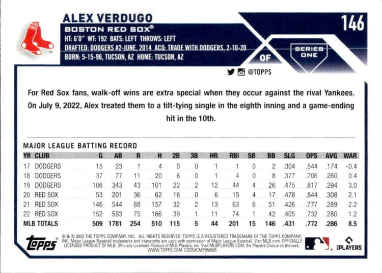 2023 TOPPS #146 ALEX VERDUGO BOSTON RED SOX BASEBALL OFFICIAL TRADING CARD OF THE MLB