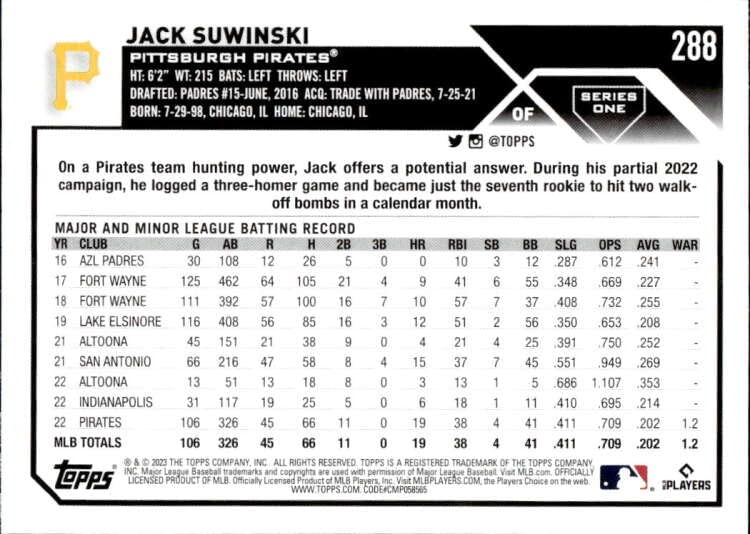 2023 TOPPS #288 JACK SUWINSKI PITTSBURGH PIRATES BASEBALL OFFICIAL TRADING CARD OF THE MLB