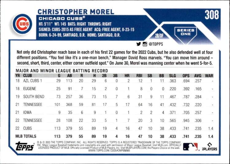 2023 TOPPS #308 CHRISTOPHER MOREL RC CHICAGO CUBS BASEBALL OFFICIAL TRADING CARD OF THE MLB