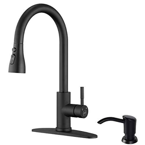 Matte Black Pull Down Kitchen Faucet with Soap Dispenser - High Arc 3-Function Kitchen Sink Faucet with Pull Down Sprayer, Stainless Steel Pull Out Kitchen Faucet Single Hole Single Handle