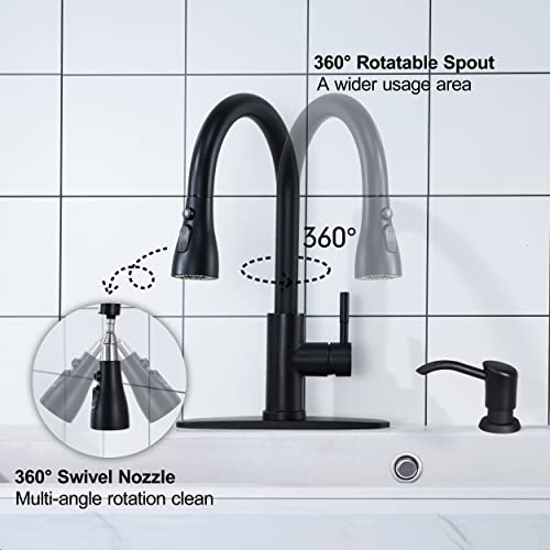 Matte Black Pull Down Kitchen Faucet with Soap Dispenser - High Arc 3-Function Kitchen Sink Faucet with Pull Down Sprayer, Stainless Steel Pull Out Kitchen Faucet Single Hole Single Handle