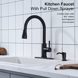 Matte Black Pull Down Kitchen Faucet with Soap Dispenser - High Arc 3-Function Kitchen Sink Faucet with Pull Down Sprayer, Stainless Steel Pull Out Kitchen Faucet Single Hole Single Handle