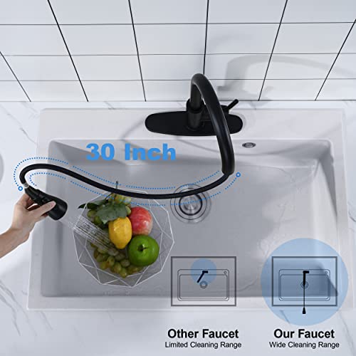 Matte Black Pull Down Kitchen Faucet with Soap Dispenser - High Arc 3-Function Kitchen Sink Faucet with Pull Down Sprayer, Stainless Steel Pull Out Kitchen Faucet Single Hole Single Handle