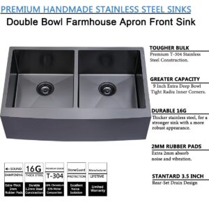 SHACO 33 Inch Black Double Farmhouse Sink, 33x21 Gunmetal Black Divided 50/50 Farmhouse Kitchen Sink, 304 Stainless Steel 9 Inch Deep Double Basin Apron Front Farm Sink for Kitchen