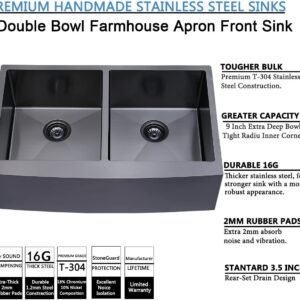 SHACO 33 Inch Black Double Farmhouse Sink, 33x21 Gunmetal Black Divided 50/50 Farmhouse Kitchen Sink, 304 Stainless Steel 9 Inch Deep Double Basin Apron Front Farm Sink for Kitchen